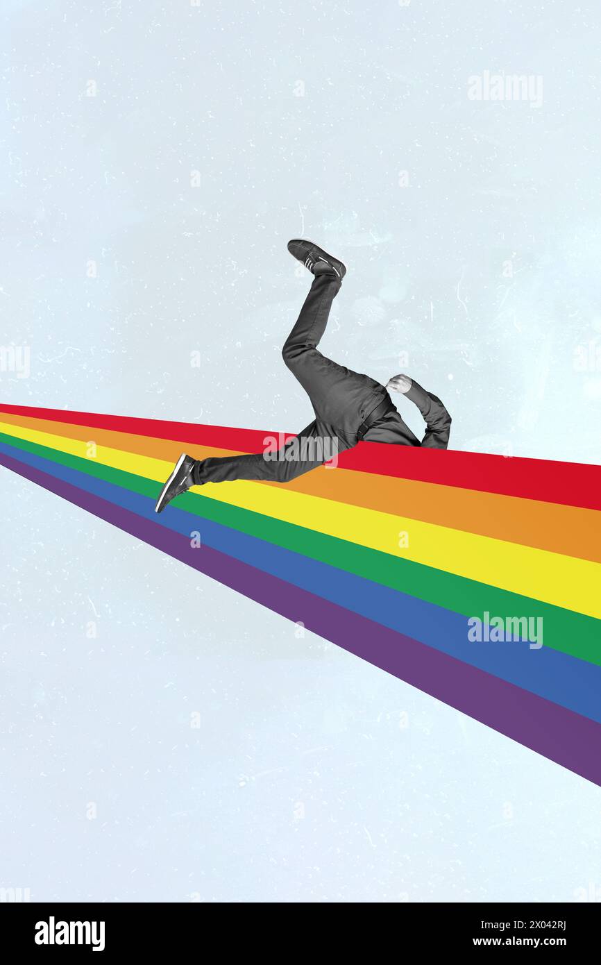 Collage banner picture of an unknown man jumping high colorful rainbow ...