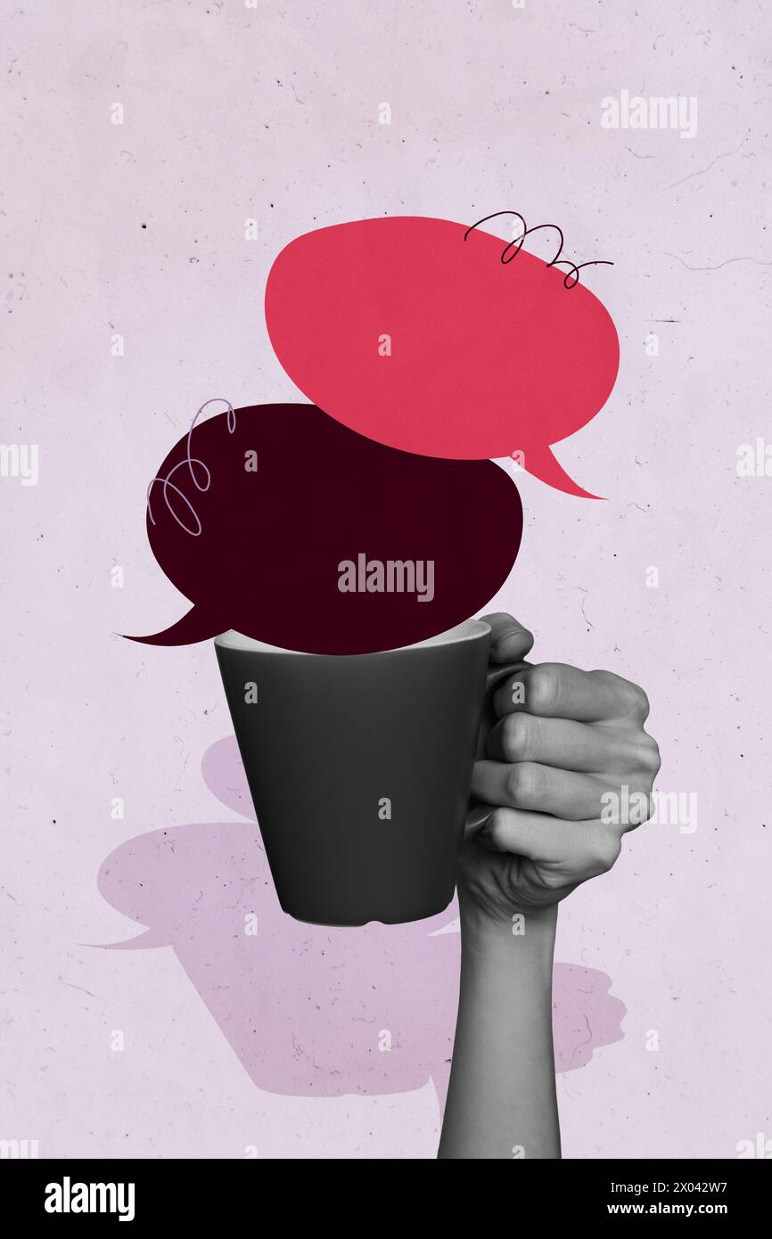 Vertical photo collage of hand hold coffee cup break drink cloud ...
