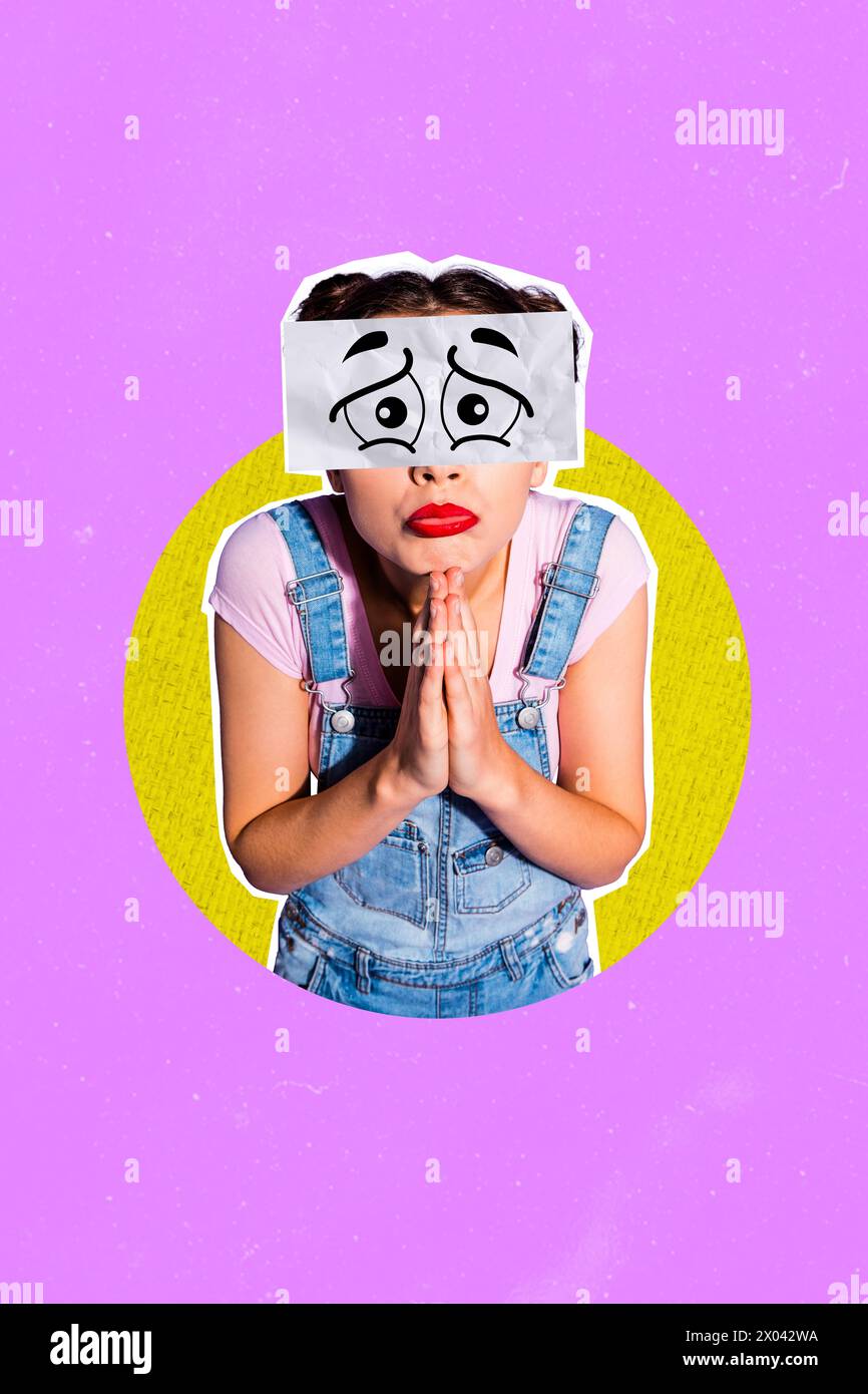 Vertical creative collage picture young girl forgive plead feel guilty ...