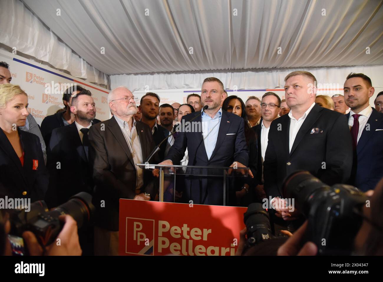 Bratislava, Slovakia. 7th Apr, 2024. Peter Pellegrini (C), newly ...