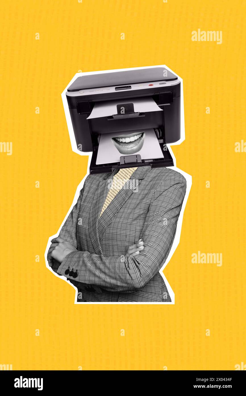 Vertical 3d photo collage of girl smile mouth instead head printer ...