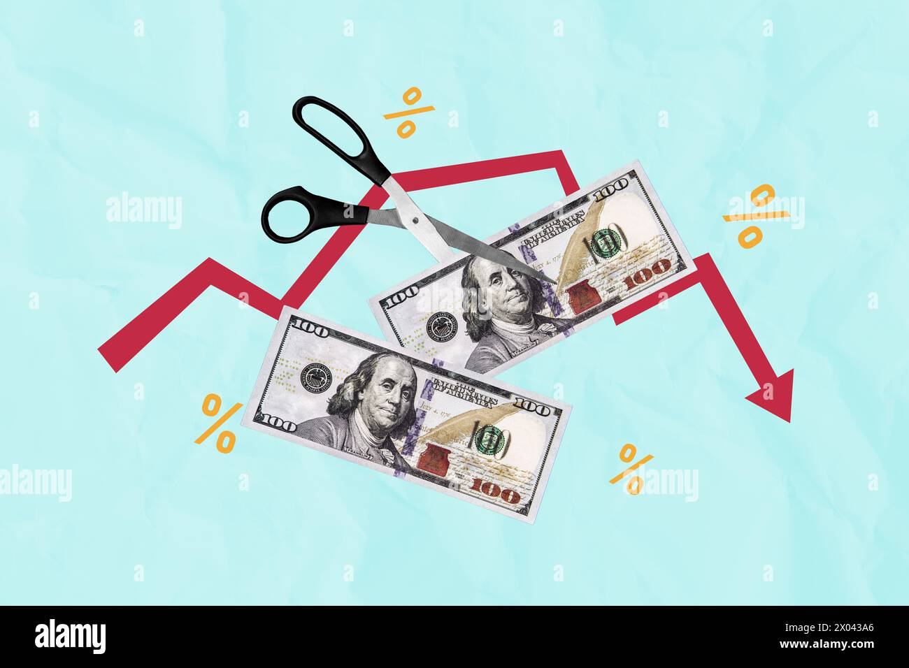 Creative collage picture scissors cutting banknote cash hundred dollars statistics arrow ...