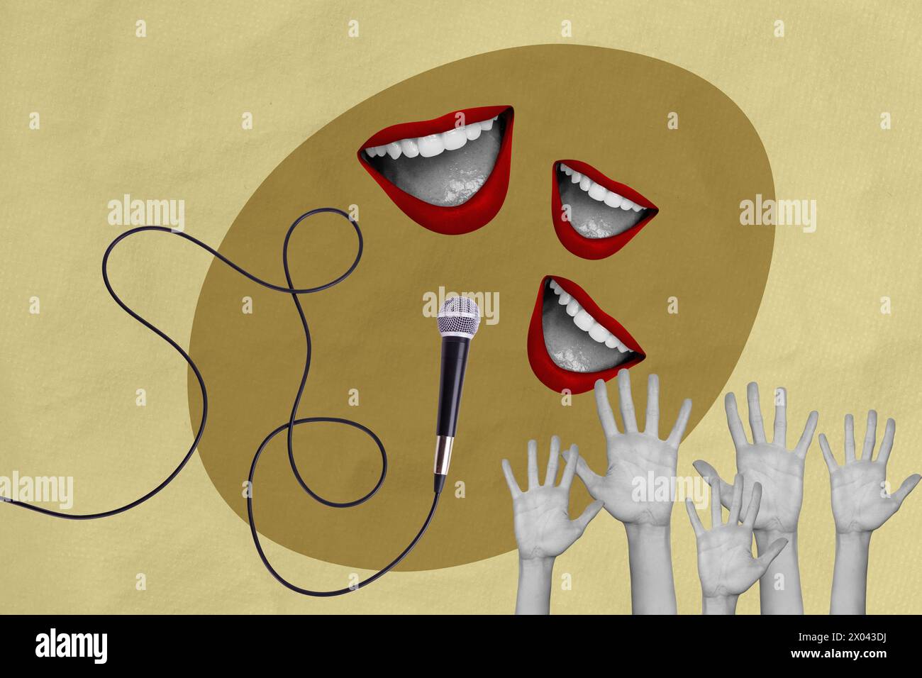 Creative picture collage human hands microphone singer karaoke party ...