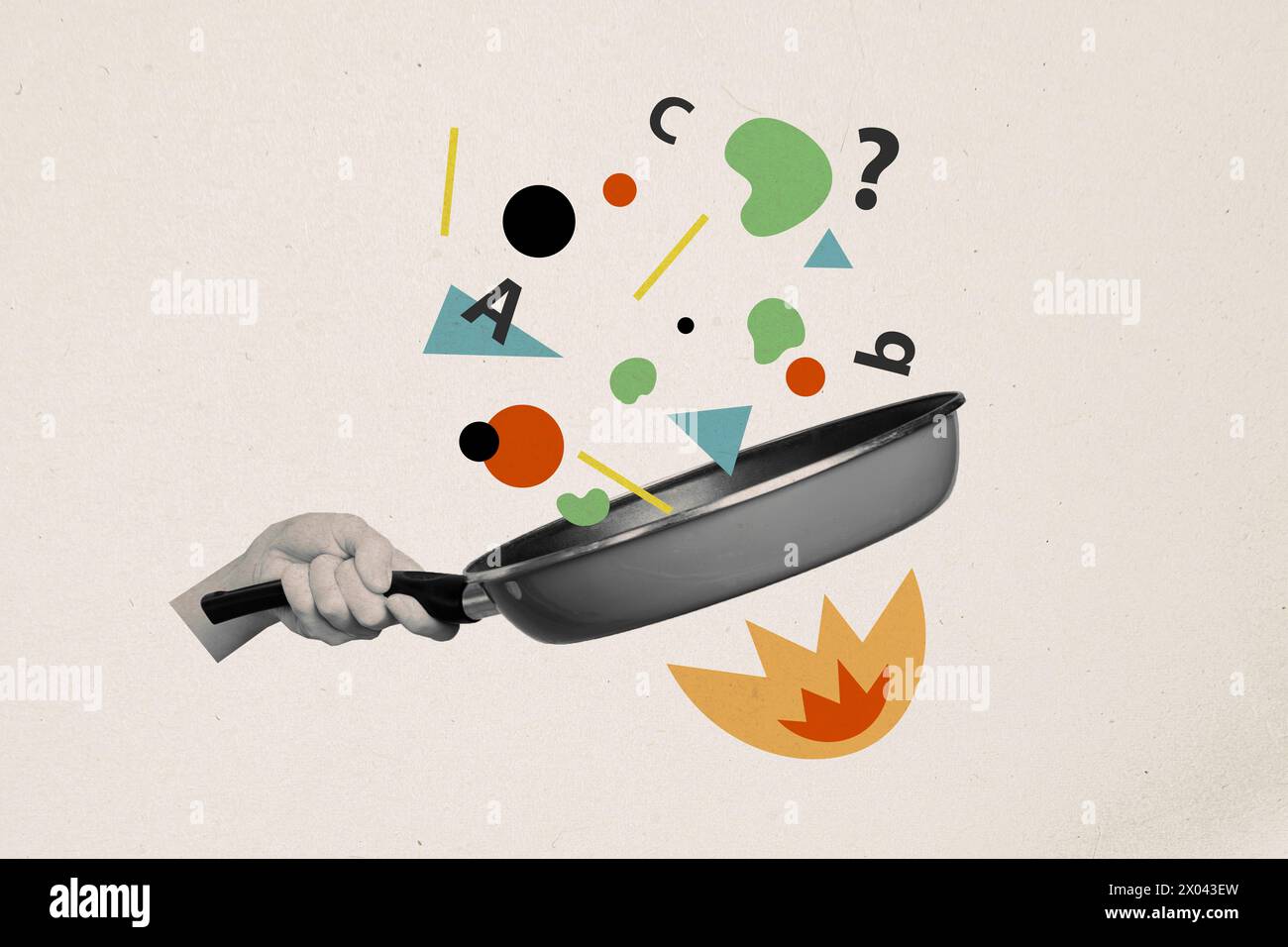 Composite photo collage of chief hand hold frying pan cook dinner fly ...