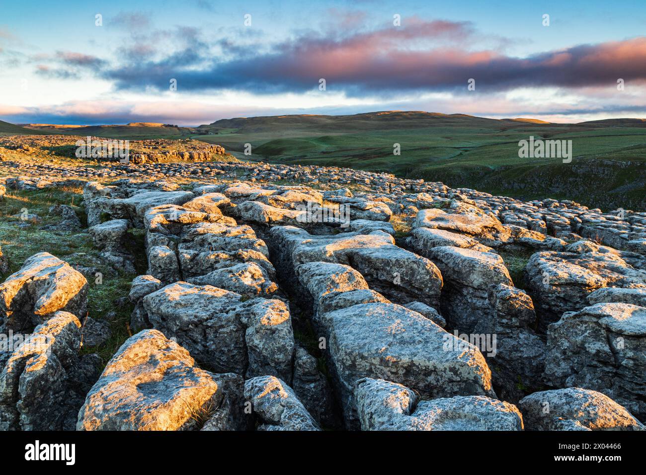 First light on the limestone pavement at Malham Lings, Yorkshire Dales ...