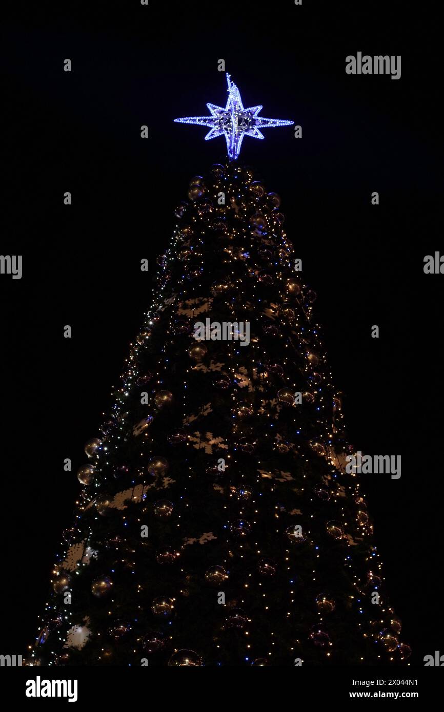 Christmas tree at night. Beautiful, glowing Christmas tree Stock Photo ...