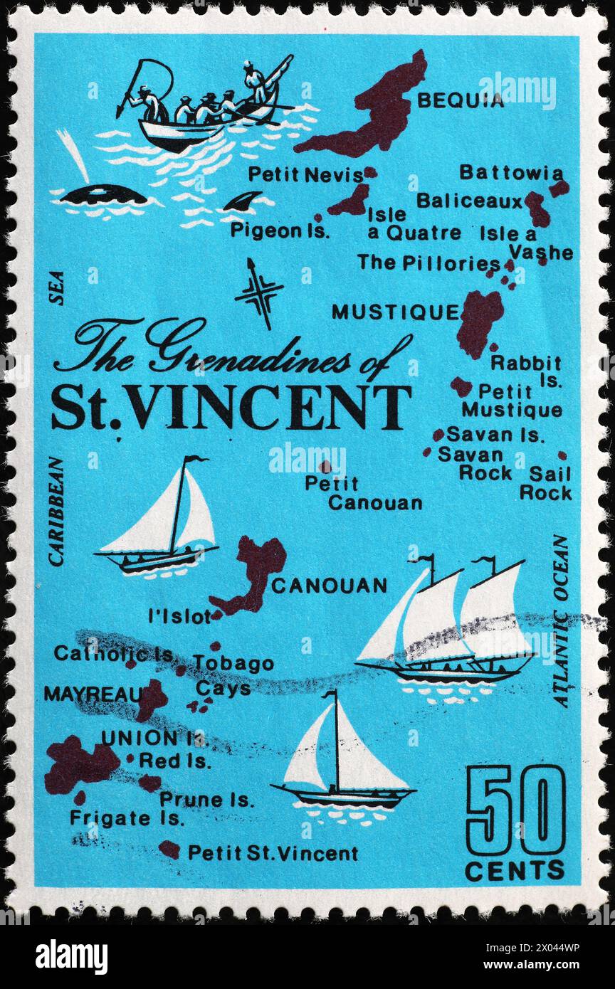 Map of the Grenadines of St.Vincent on postage stamp Stock Photo - Alamy
