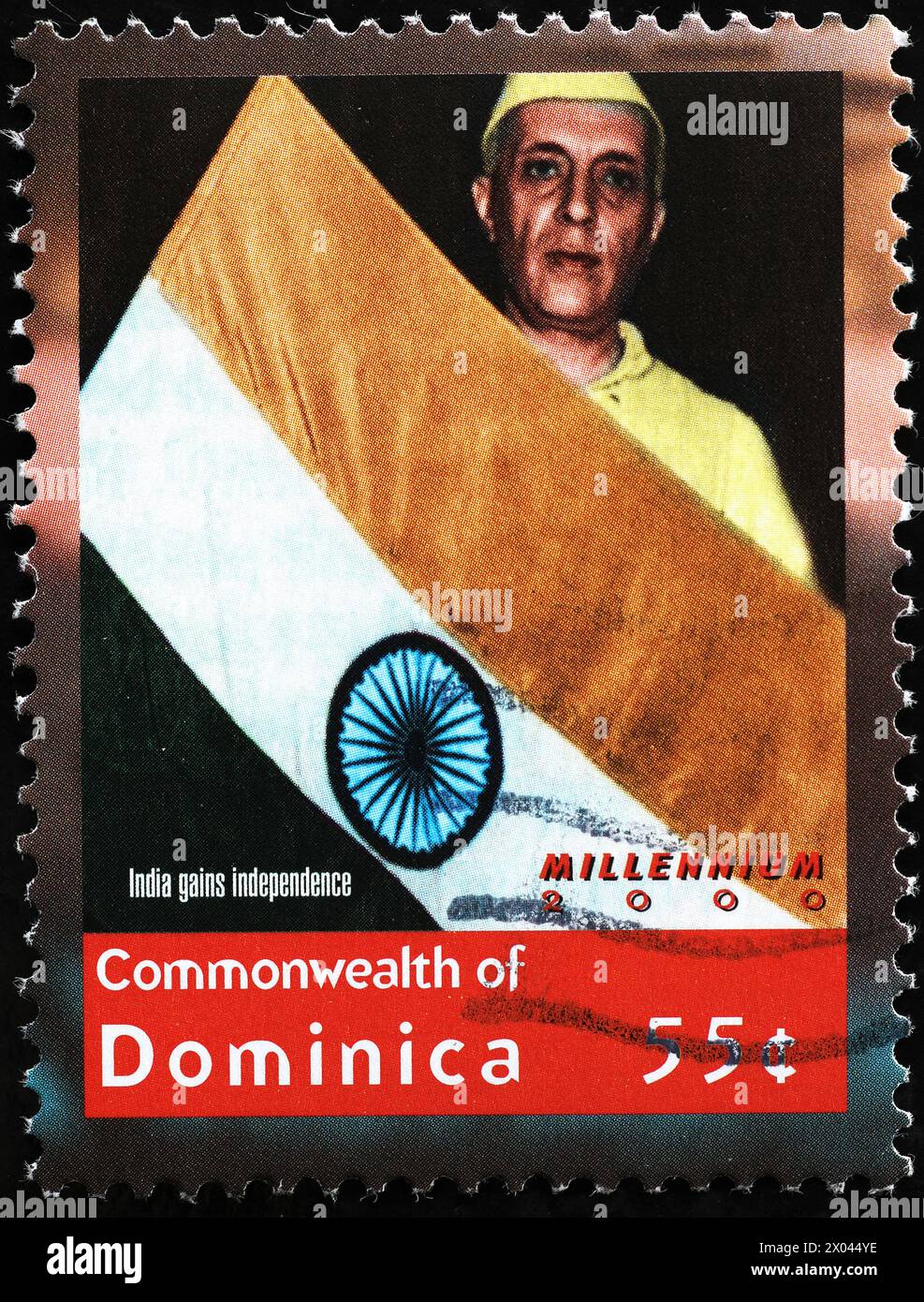 Nehru with indian flag celebrating the independence on postage stamp ...