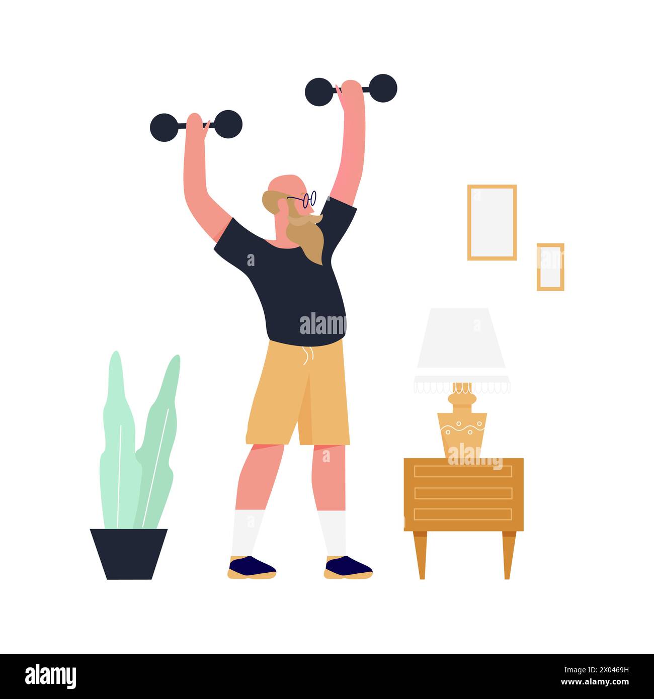 Senior man with dumbbells. Home sport, fitness exercising, healthy ...