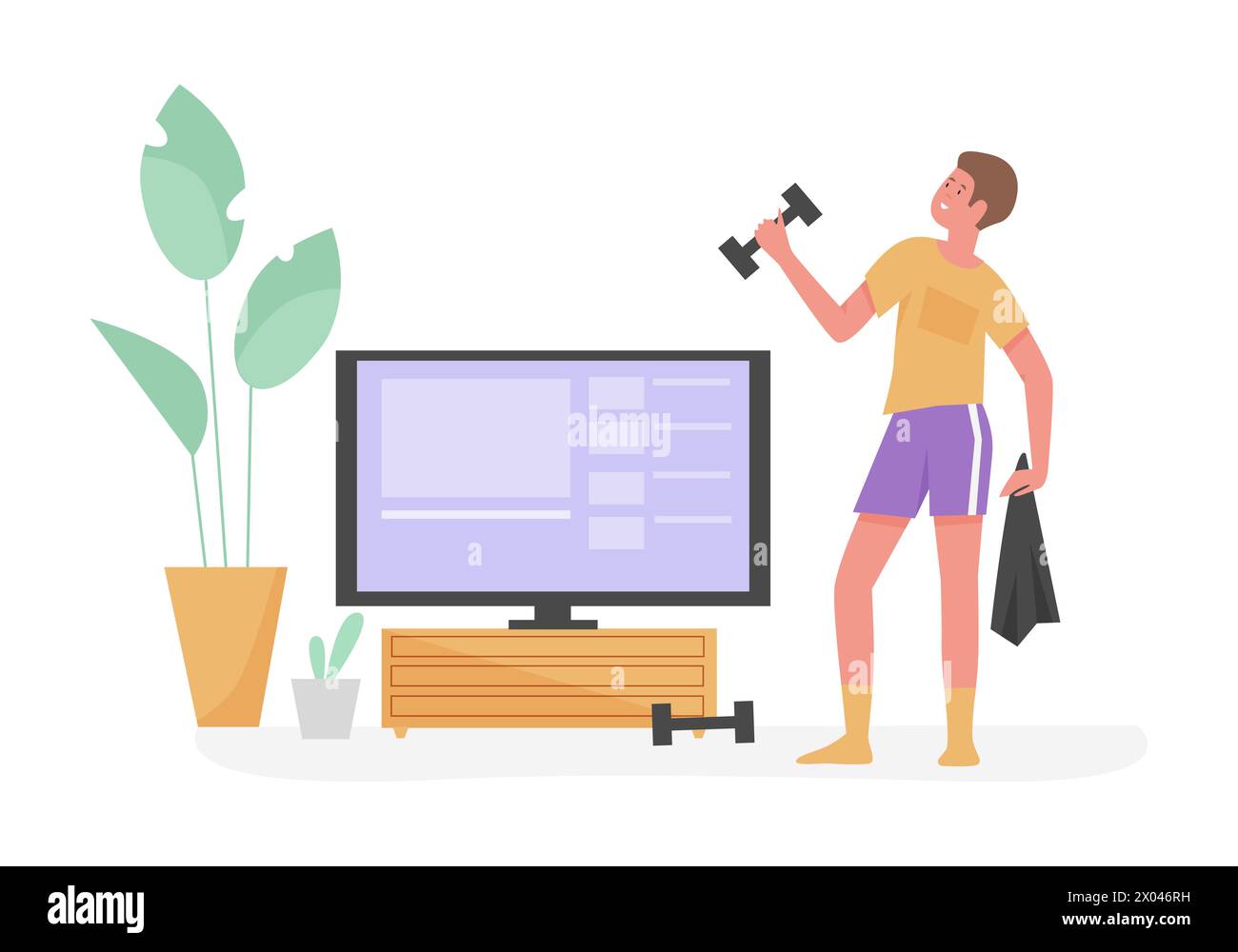 Young boy doing fitness online program. Home sport, fitness exercising ...