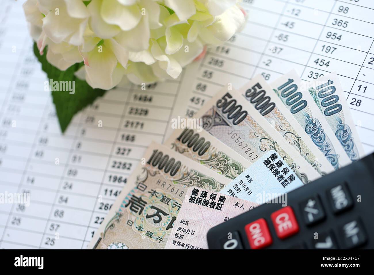 Light blue and red Japan Health Insurance cards on table with japanese ...