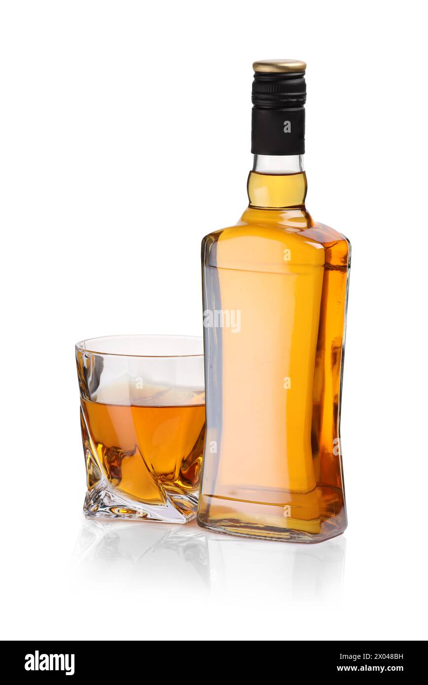 Glass and bottle of whiskey isolated on white Stock Photo - Alamy