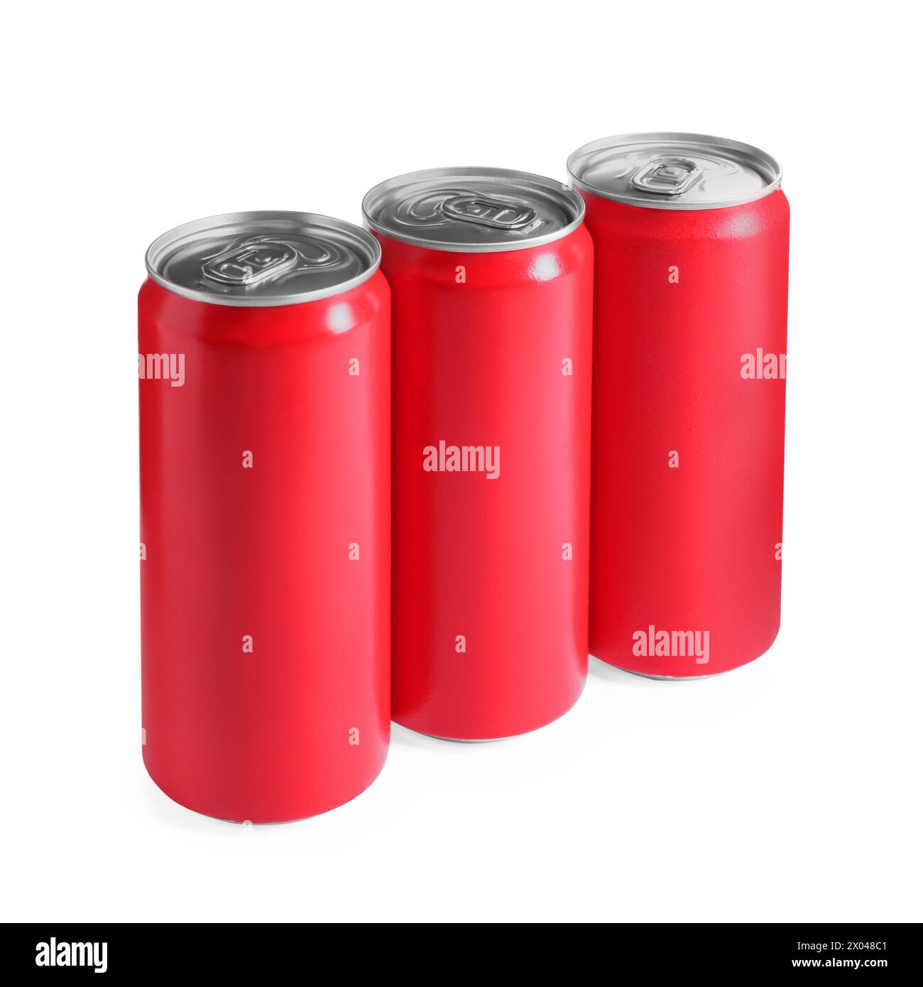 Energy drinks in red aluminum cans on white background Stock Photo - Alamy