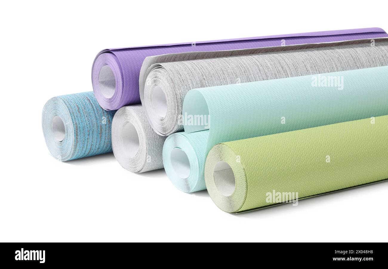 Many different wallpaper rolls isolated on white Stock Photo - Alamy