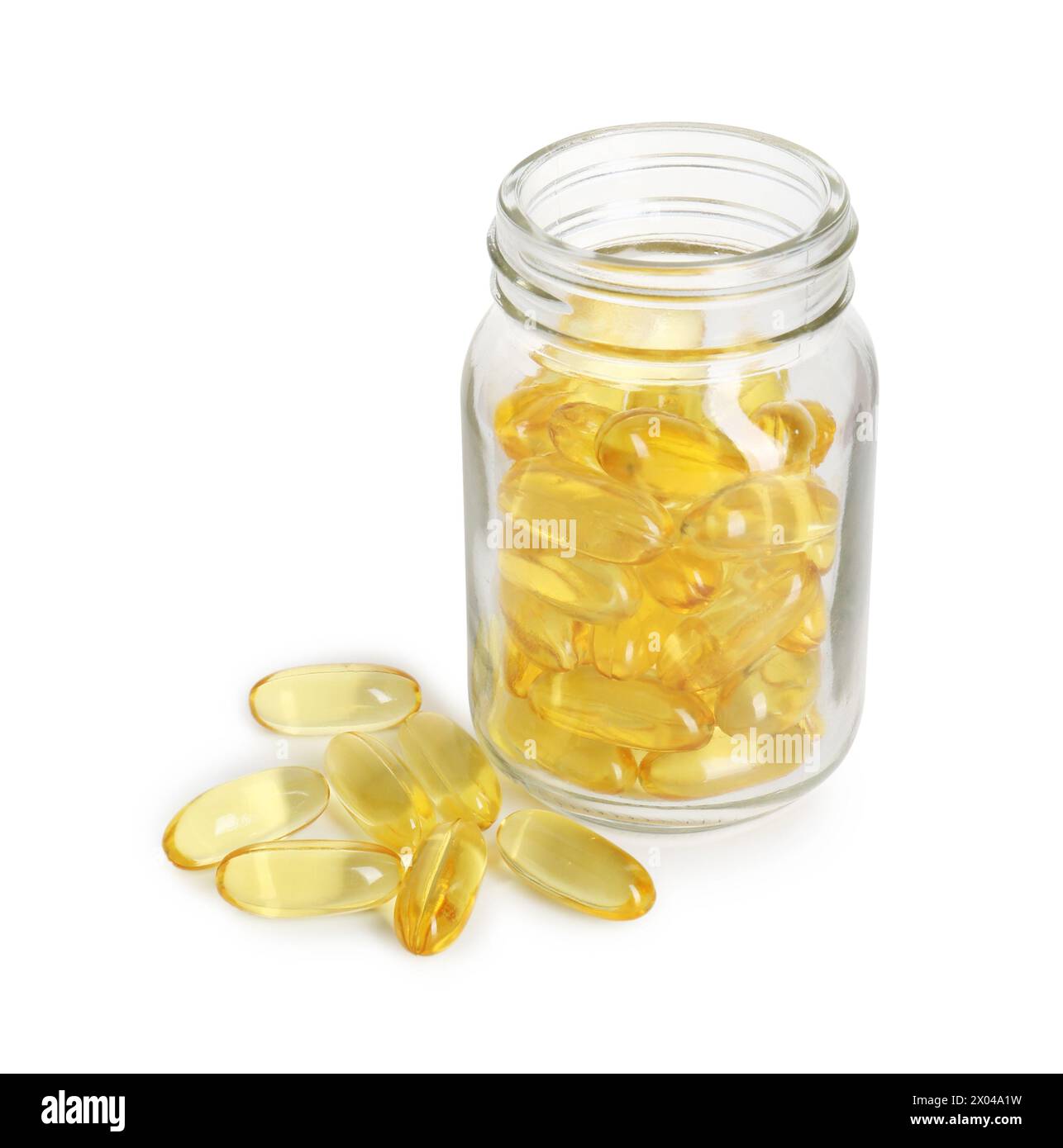 Bottle and pile of softgel capsules isolated on white Stock Photo - Alamy