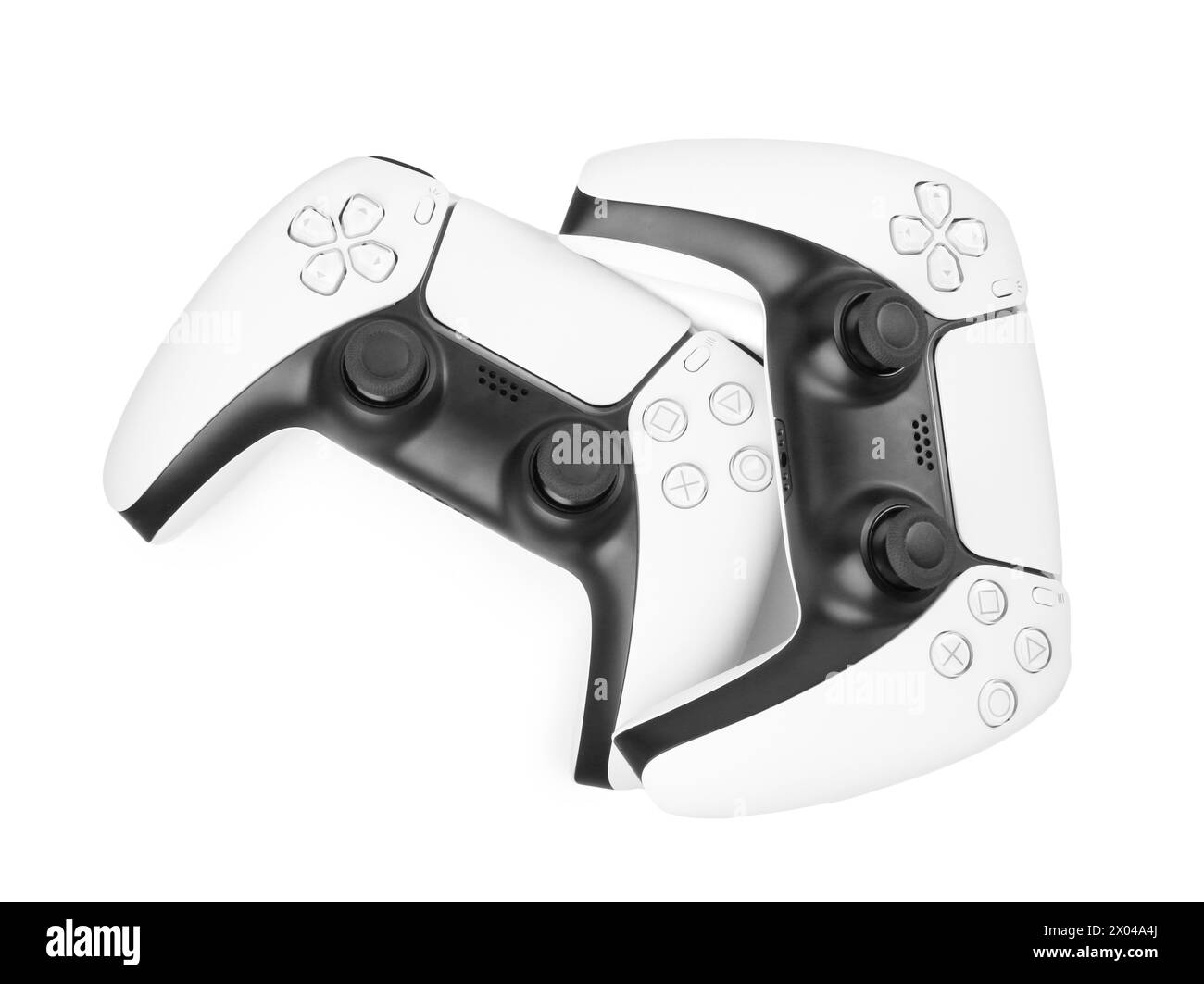 Two wireless game controllers isolated on white, top view Stock Photo ...
