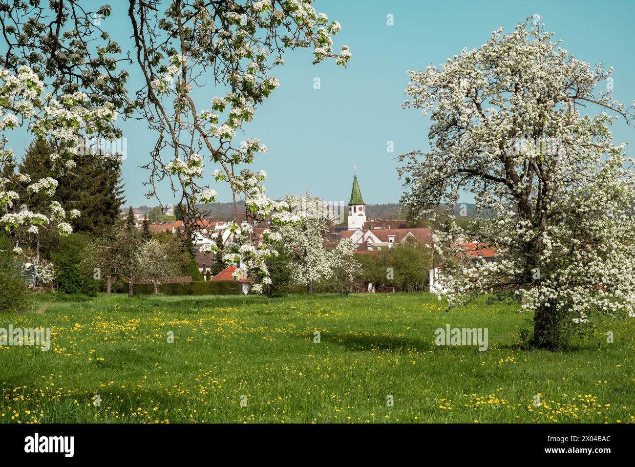 Small village in south Germany at spring. Soft hills surrounding the ...
