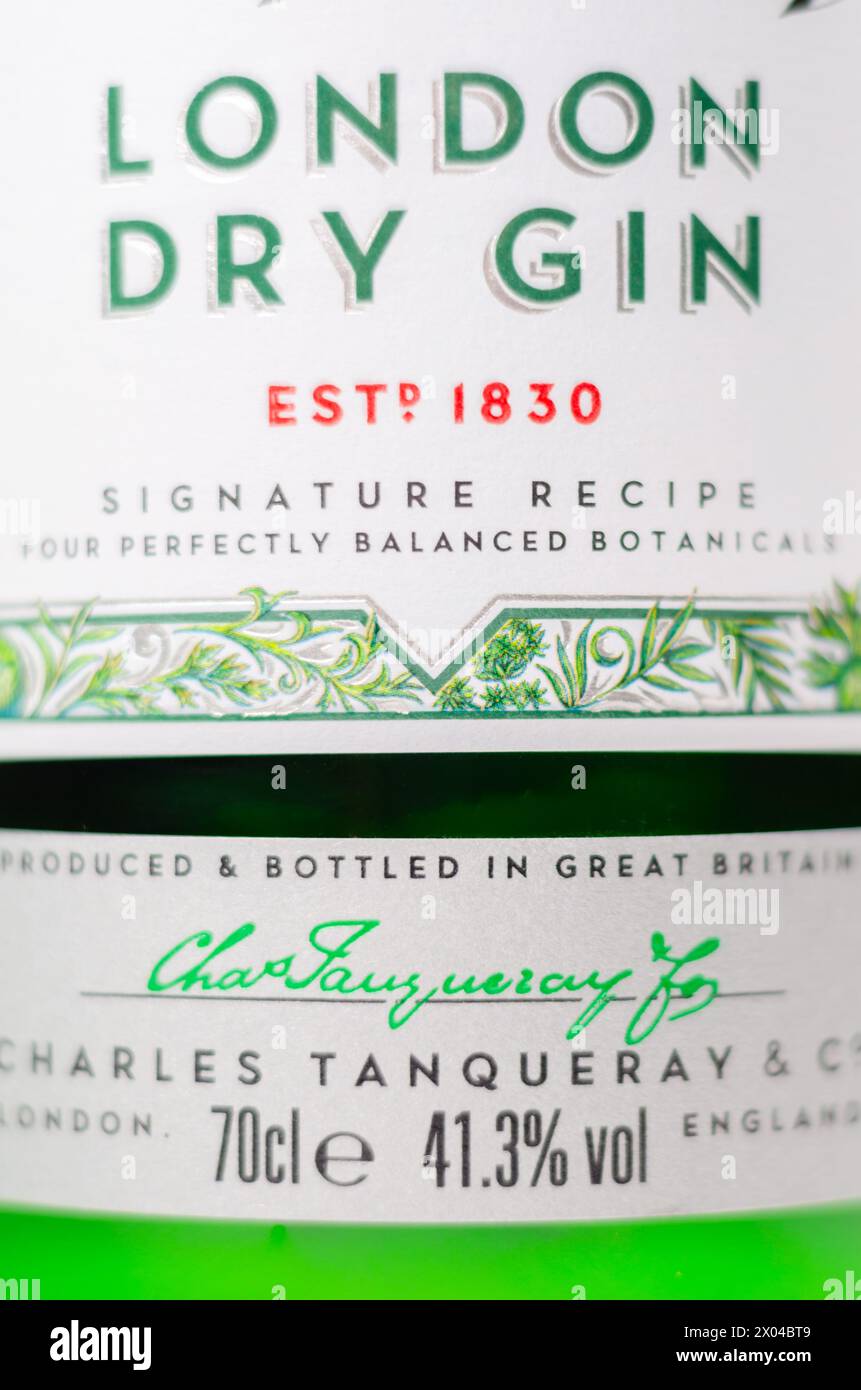 LONDON, UK - 28 MARCH 2024 Tanqueray London Dry, an iconic bottle shape ...