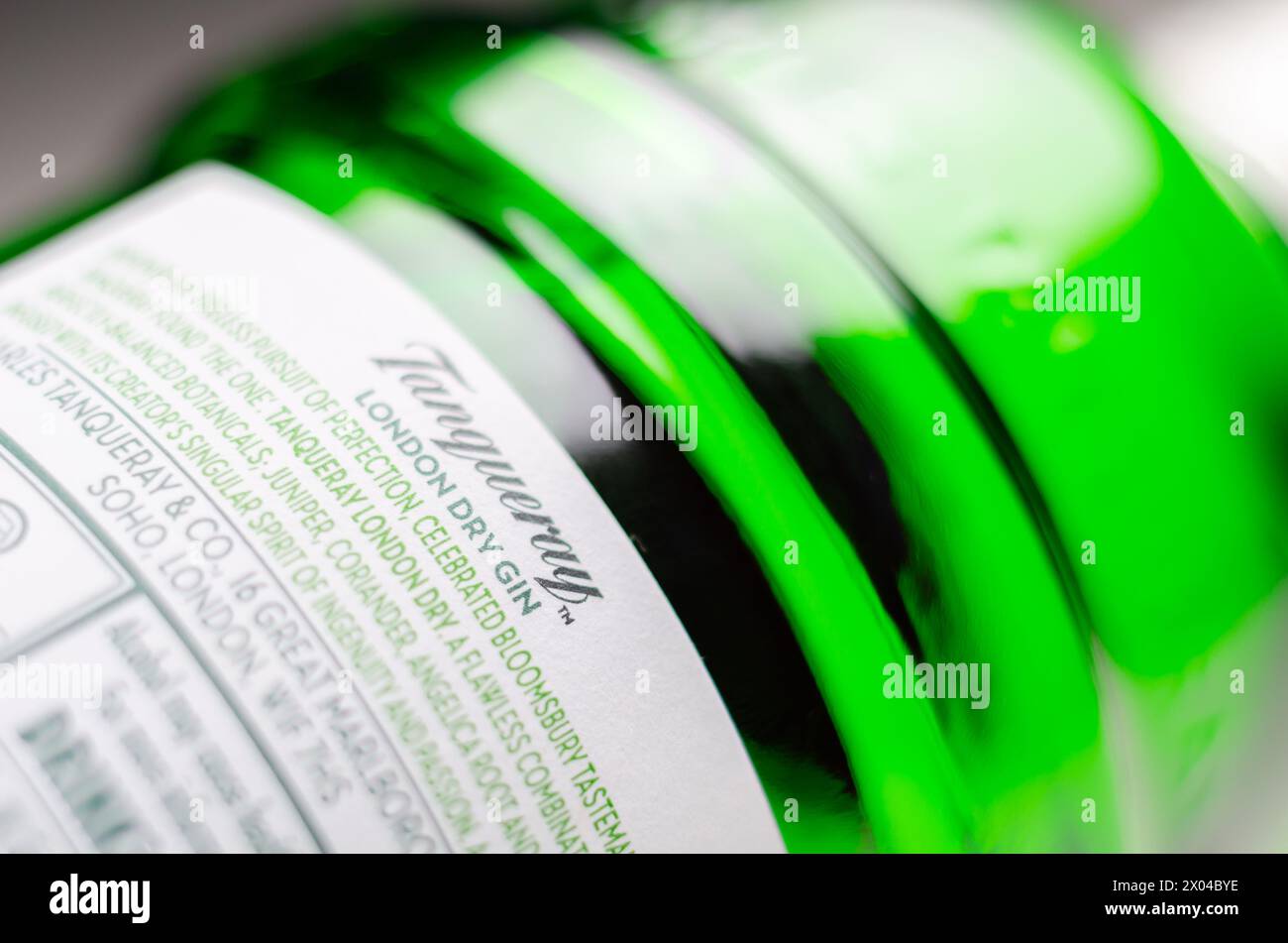 LONDON, UK - 28 MARCH 2024 Tanqueray London Dry, an iconic bottle shape ...