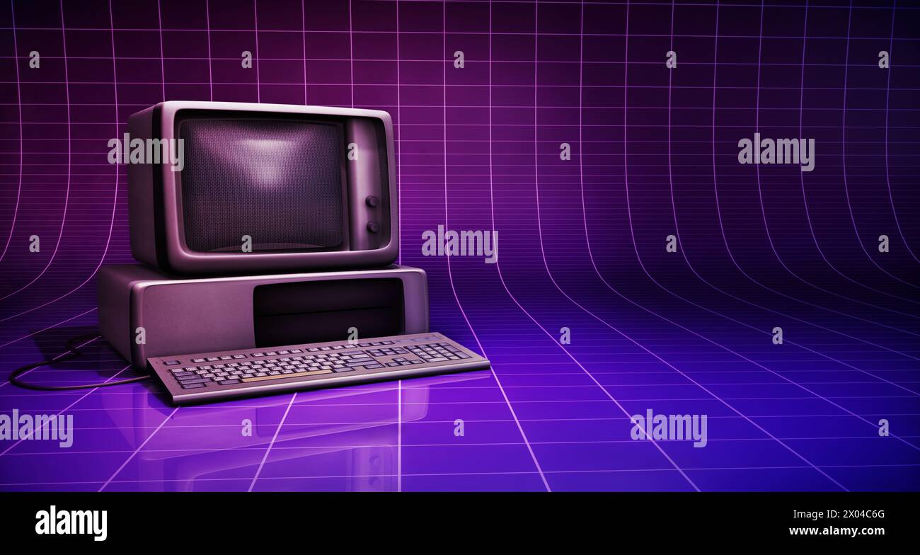 Retro PC, 3D illustration background with copy space. Neon purple ...