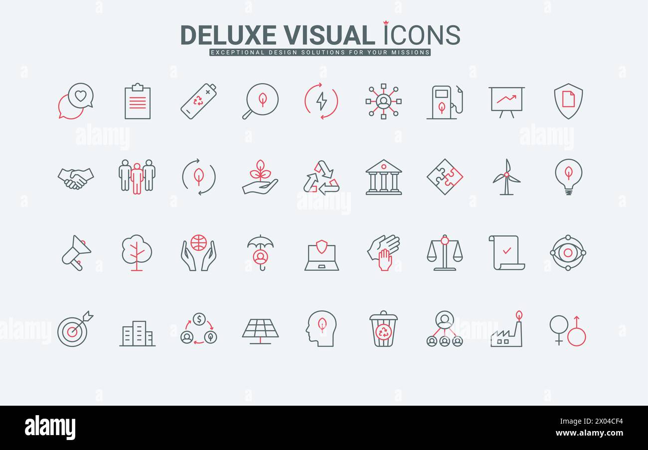 ESG for company development thin black and red line icons set vector ...