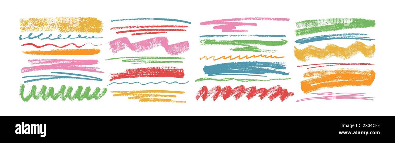 Colorful crayon underlines, scribbles or wavy brush strokes. Kids hand ...