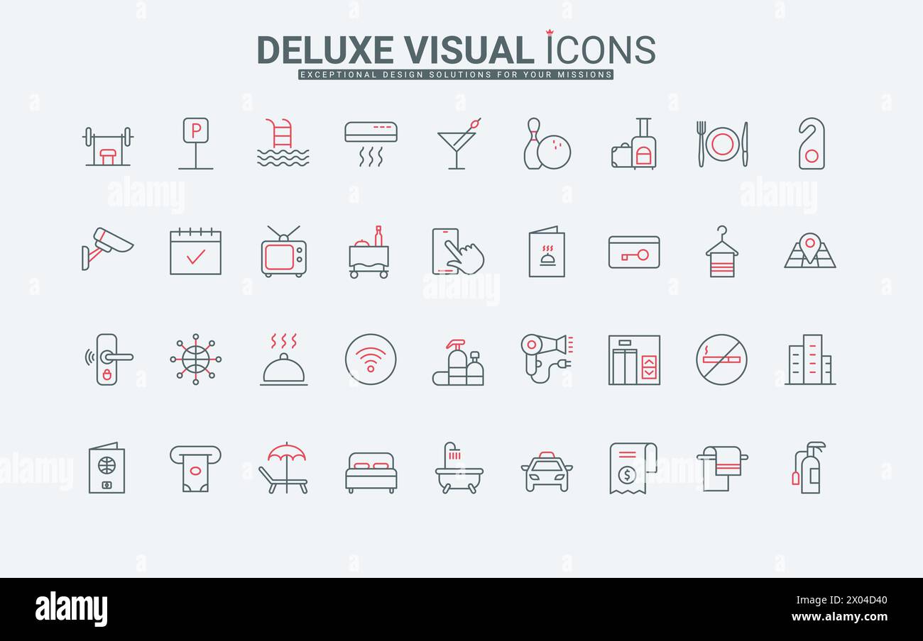 Hotel room service and hospitality line icons set. Resort beach pool ...