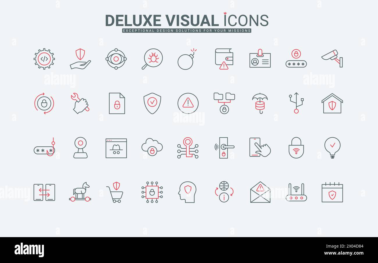 Cyber security thin black and red line icons set vector illustration. Outline cybersecurity ...