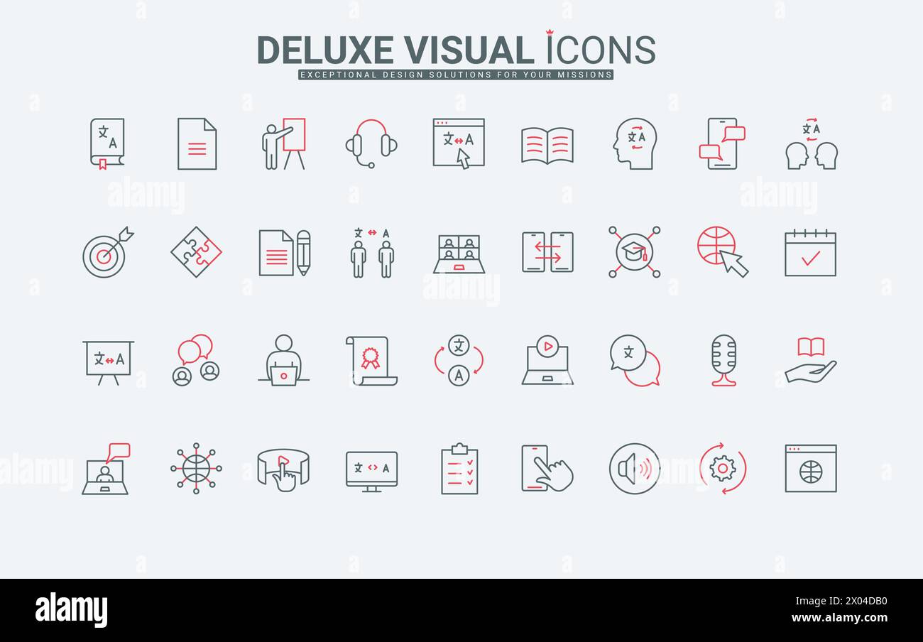 Learn foreign language line icons set. Online services and mobile apps ...
