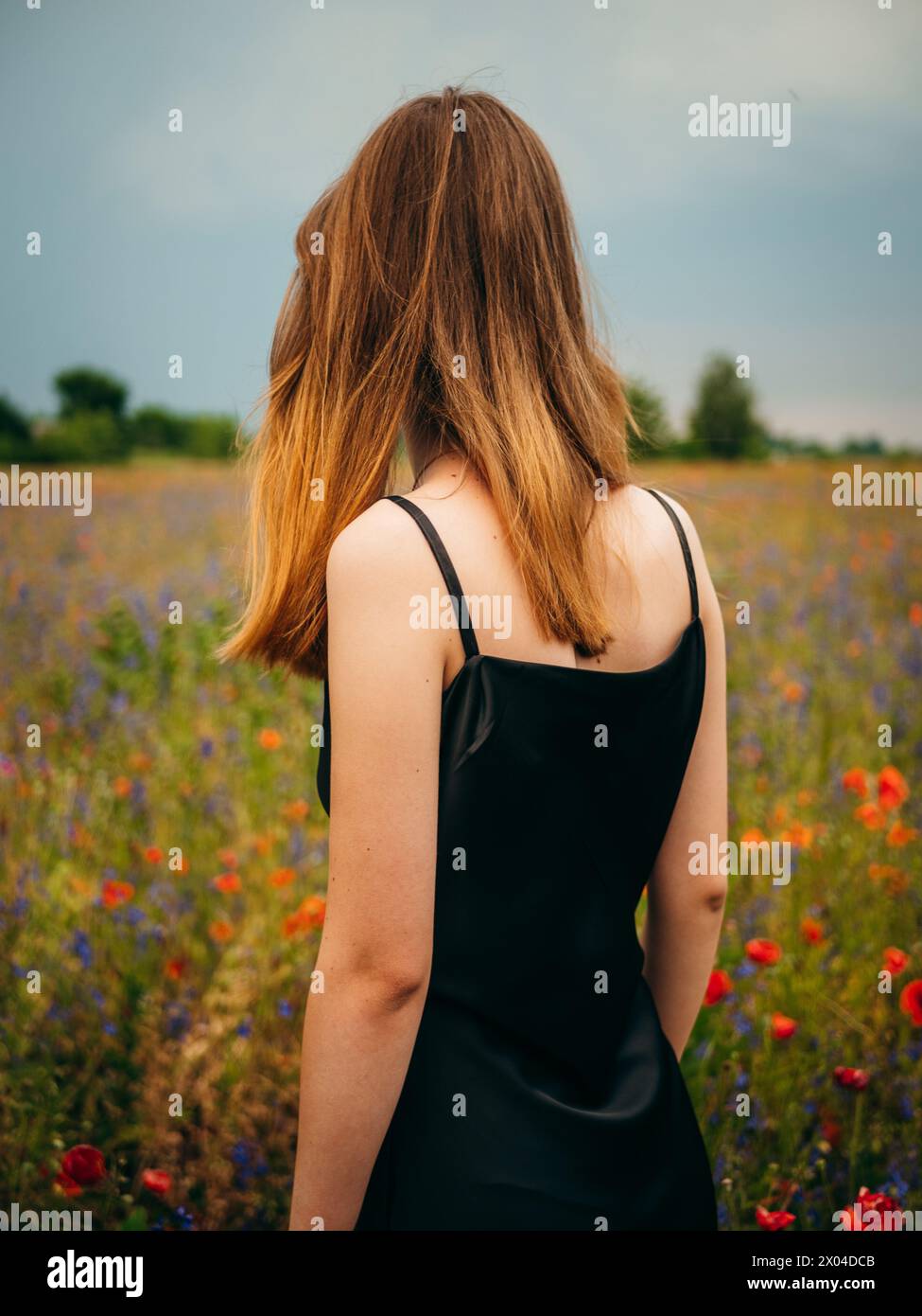 Beautiful young girl in black evening gown, standing back, posing ...