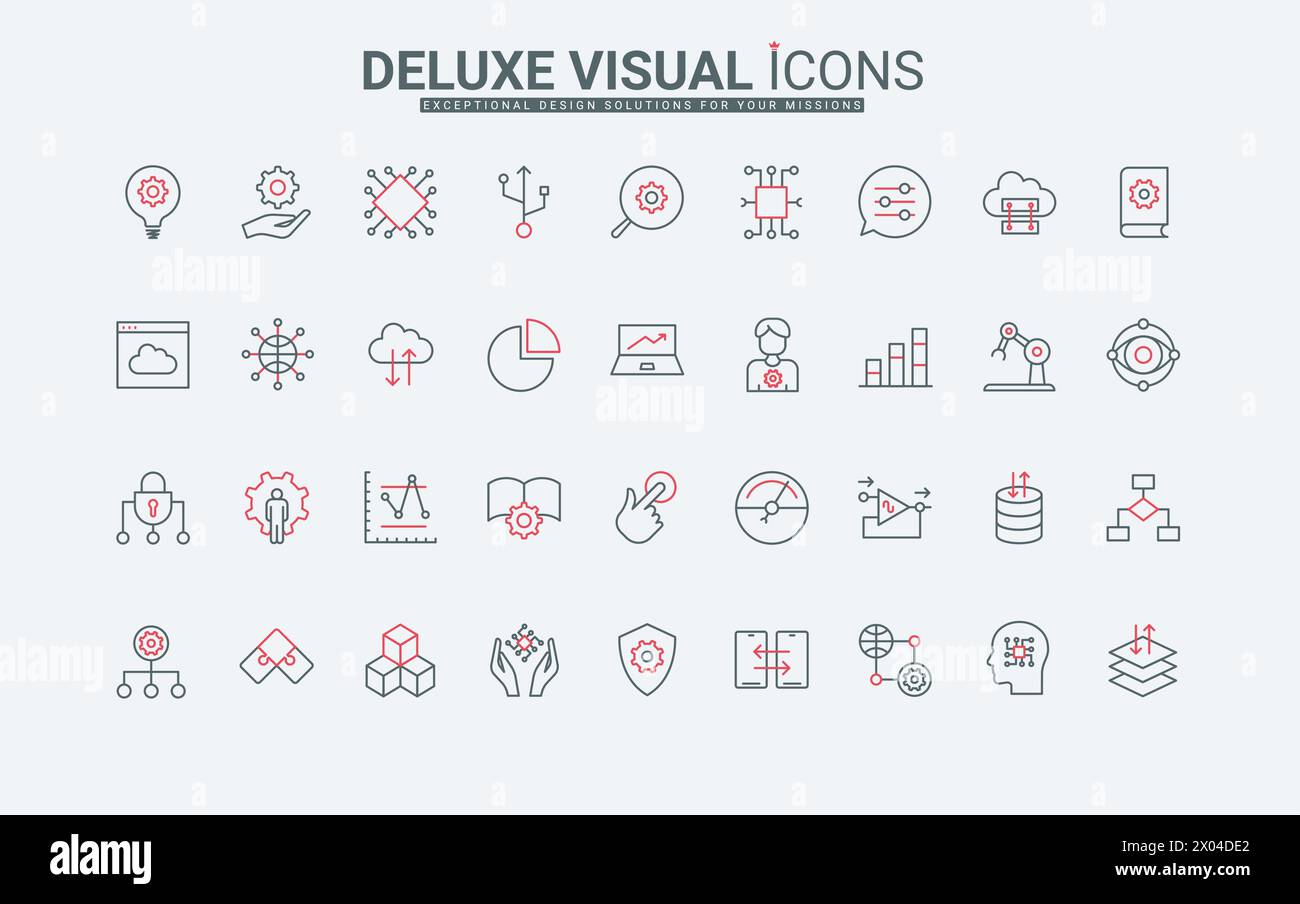 Machine learning thin black and red line icons set vector illustration. Outline autonomous ...