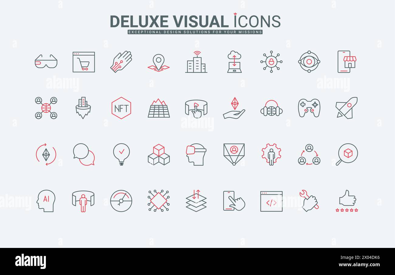 Metaverse, future technology line icons set. VR glasses for meta world ...