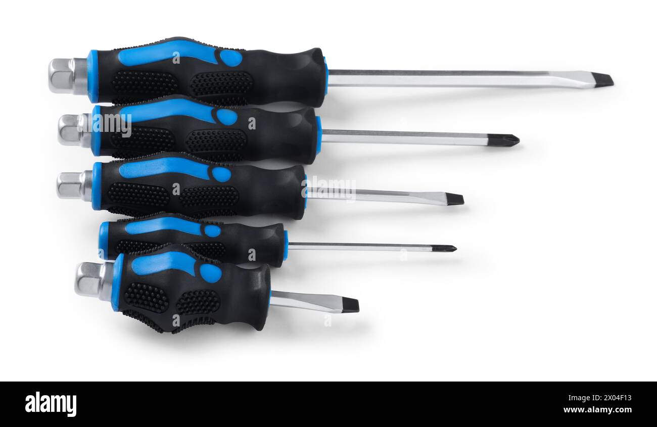 Set of screwdrivers with blue handles isolated on white Stock Photo - Alamy