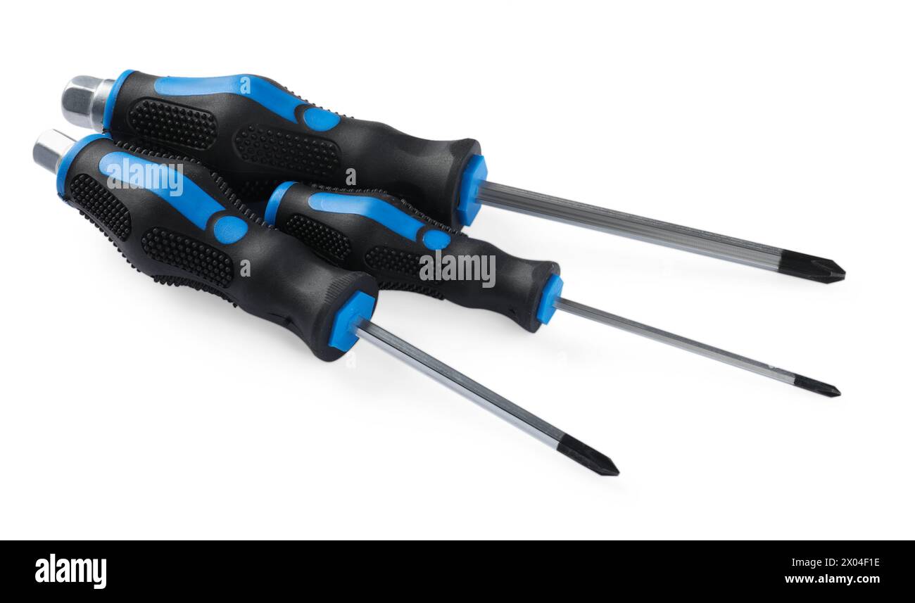 Set of screwdrivers with blue handles isolated on white Stock Photo - Alamy