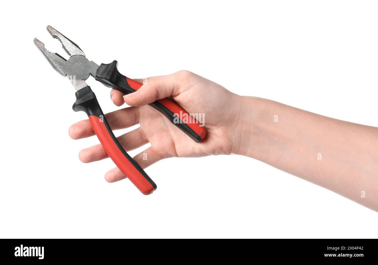 Woman holding combination pliers isolated on white, closeup Stock Photo ...