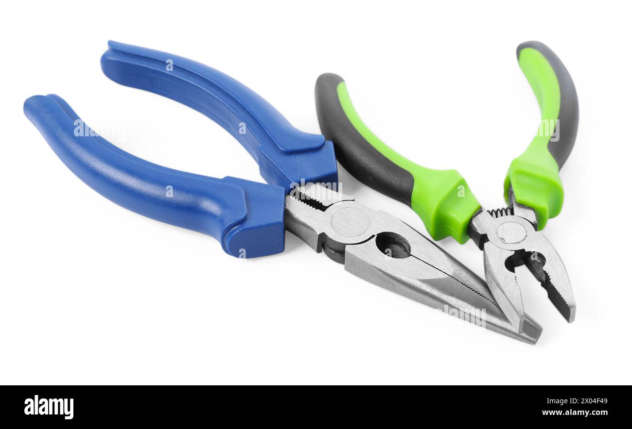 Different pliers isolated on white. Construction tool Stock Photo - Alamy
