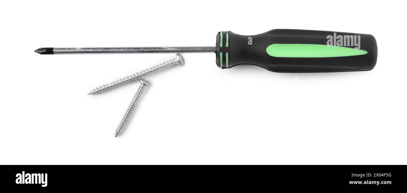Screwdriver with black handle and screws isolated on white, top view ...