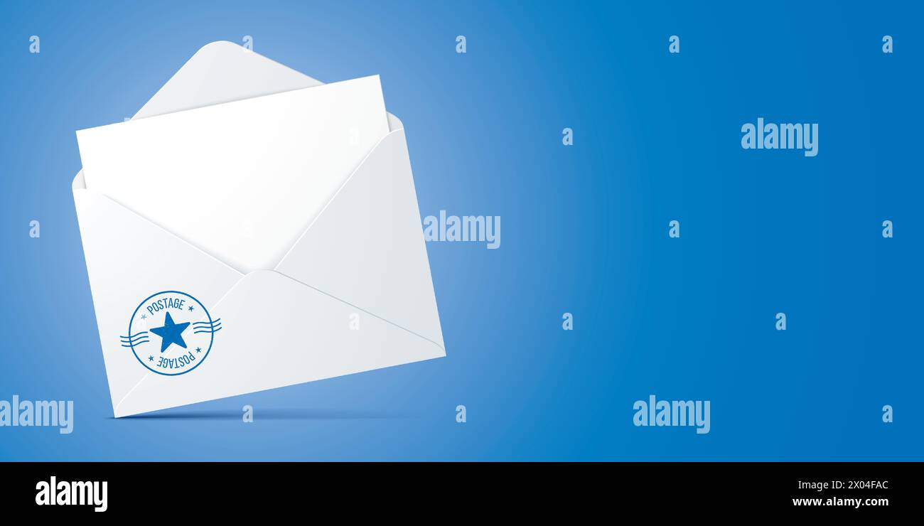 White envelope with postal service stamp and a blank letter inside with ...