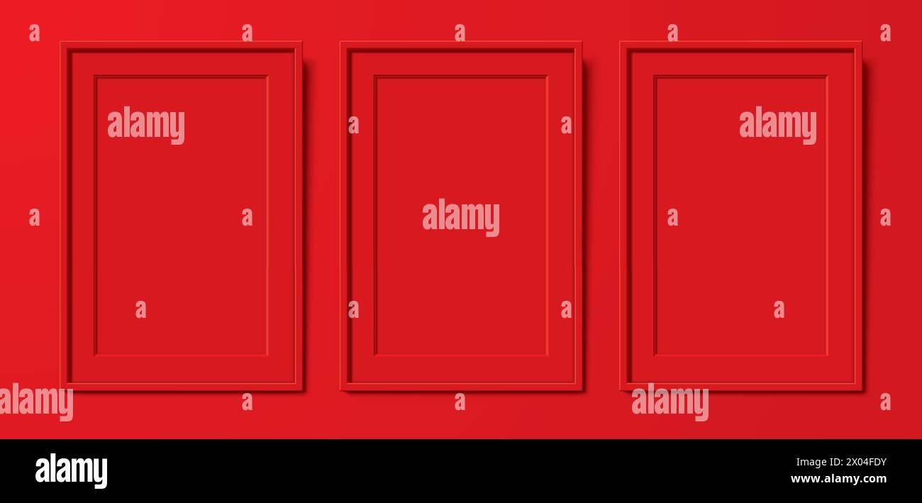 3 red blank poster frames hanging on the wall background. Poster ...