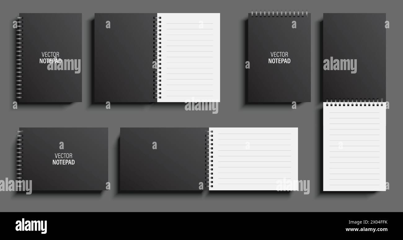 Vector set of notepads with black covers in vertical and horizontal ...