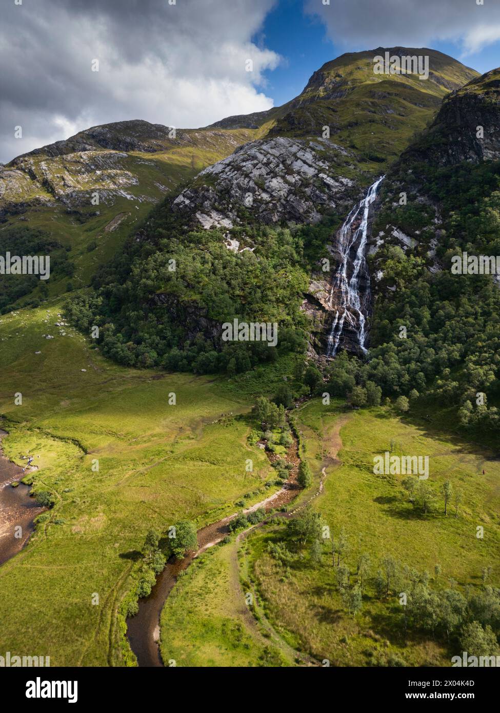 Aerial view of the Water of Nevis river and Steall waterfall on Ben ...
