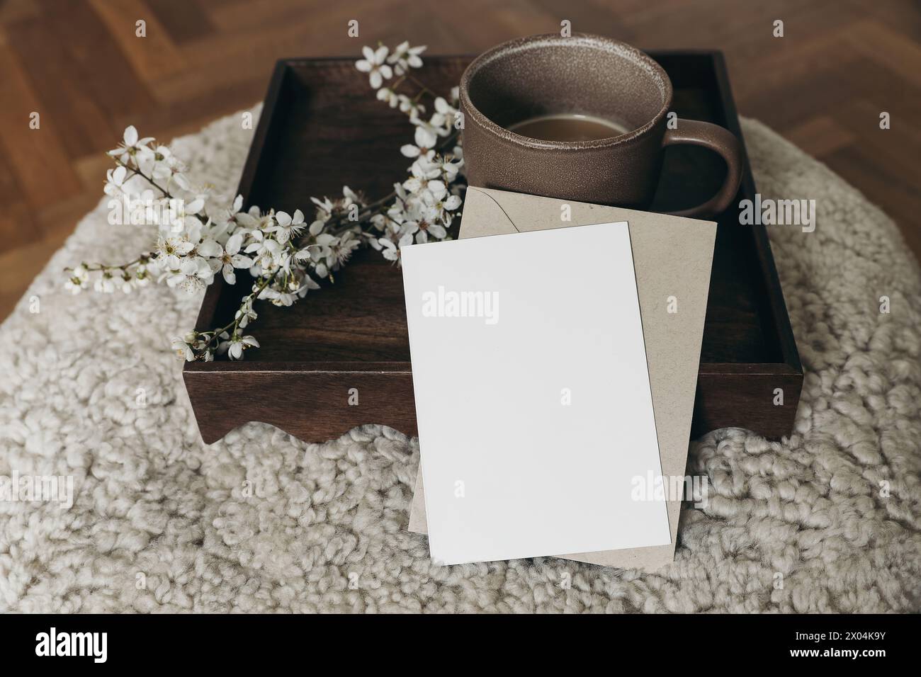Spring Easter still life. Greeting card, envelope mockup. Cup of coffee ...