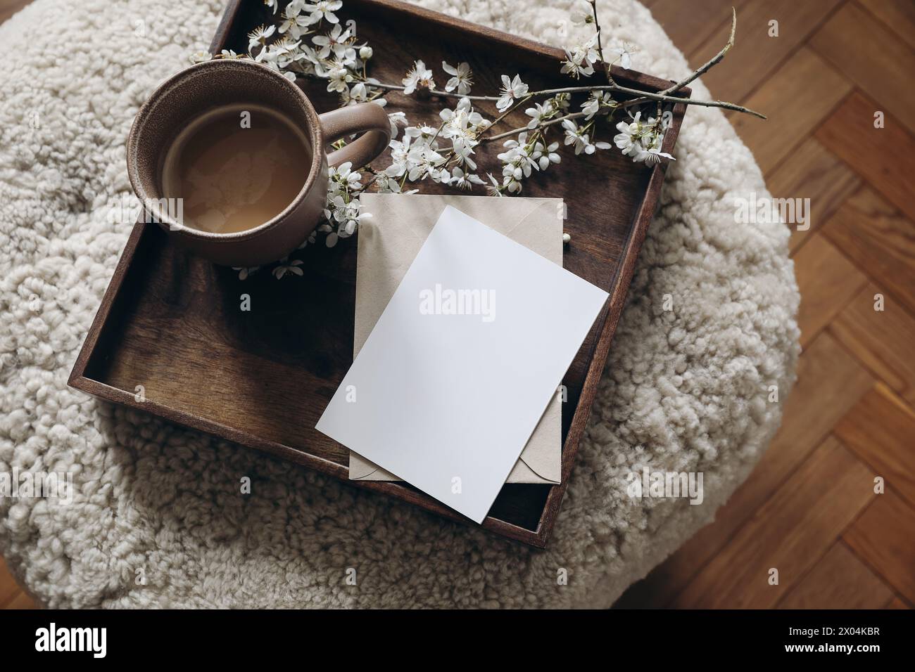 Spring still life composition. Greeting card mockup, cup of coffee ...