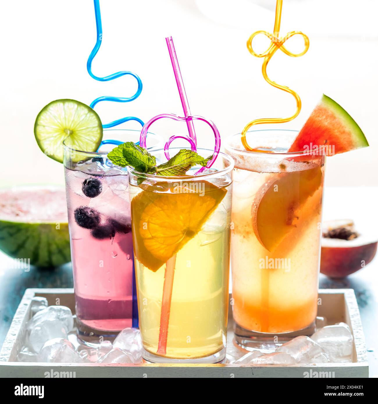 Refreshing fruit flavoured seltzer water with fruit garnish and crazy ...