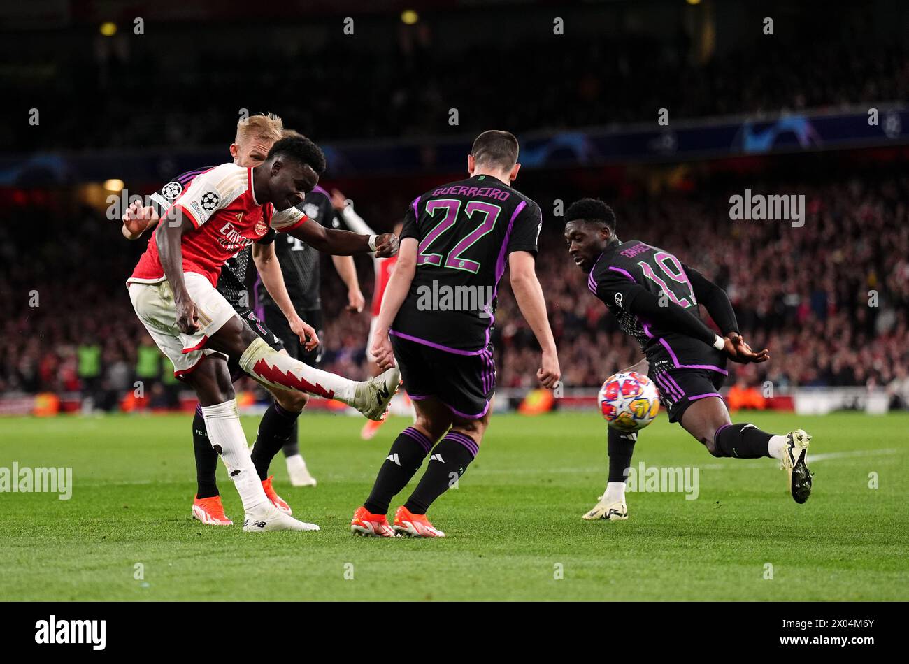 Arsenal's Bukayo Saka shoots during the UEFA Champions League quarter ...