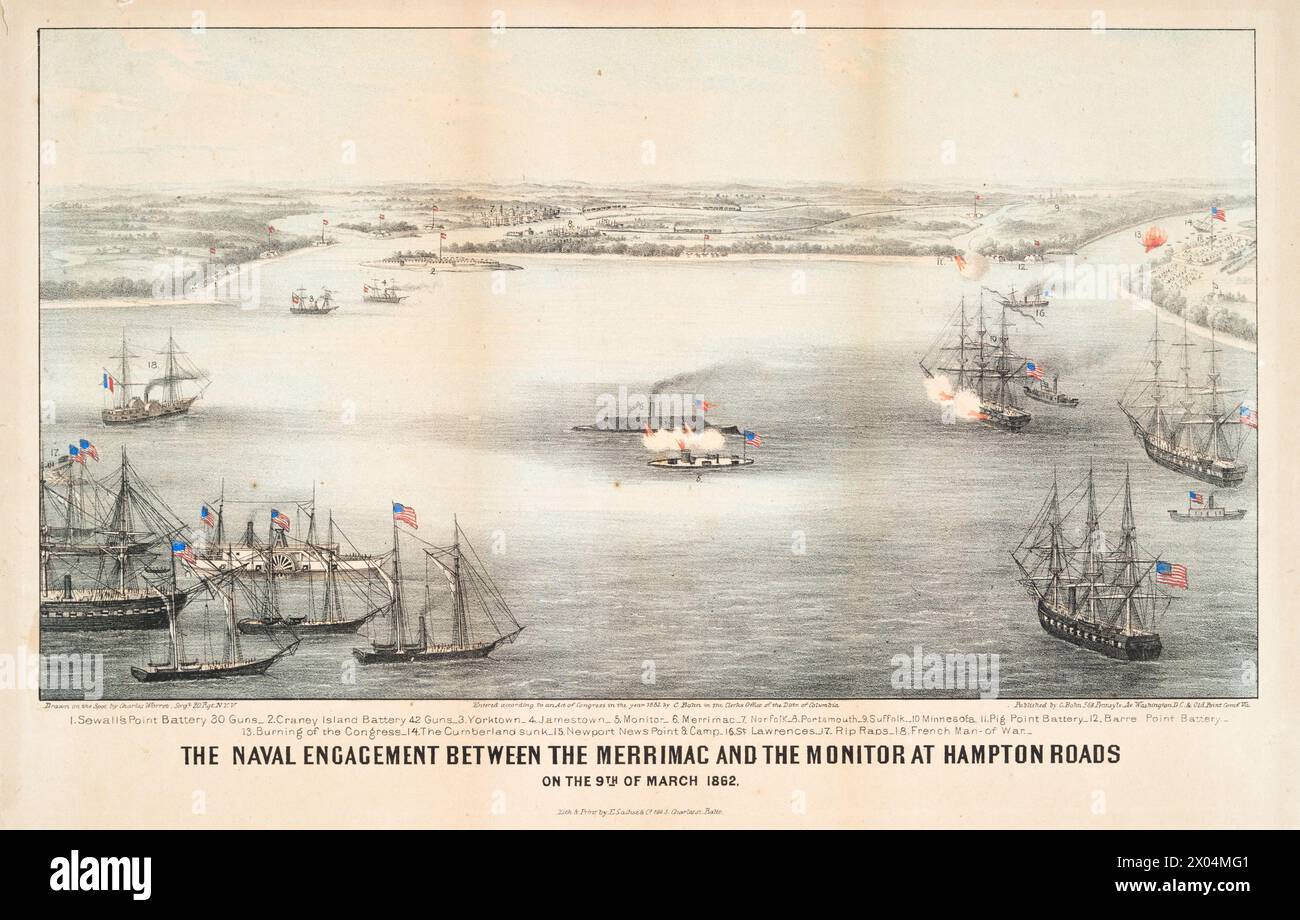 The naval engagement between the Merrimac and the Monitor at Hampton ...