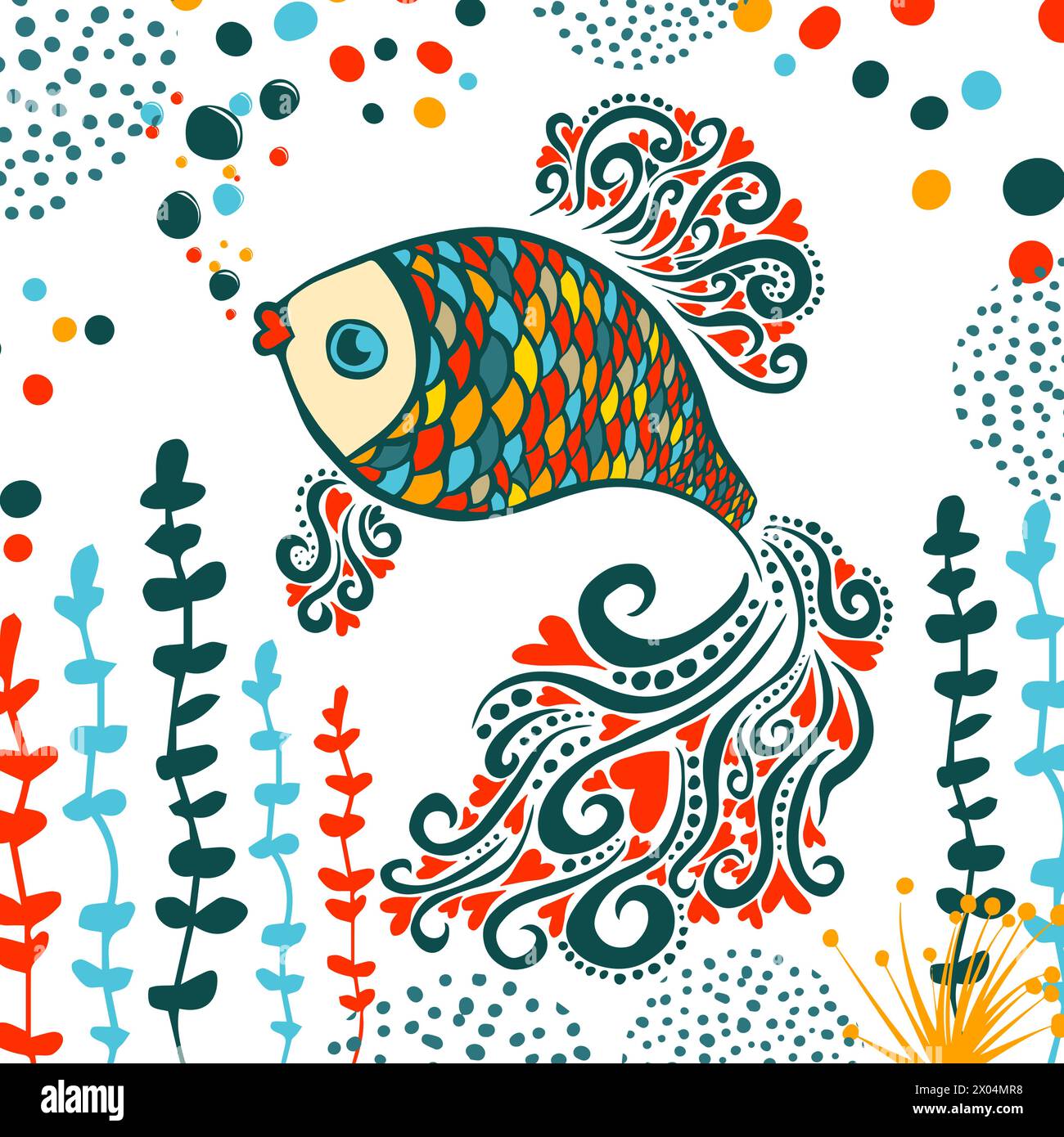 Bright color goldfish poster. Hand drawing. Not AI. Vector illustration ...