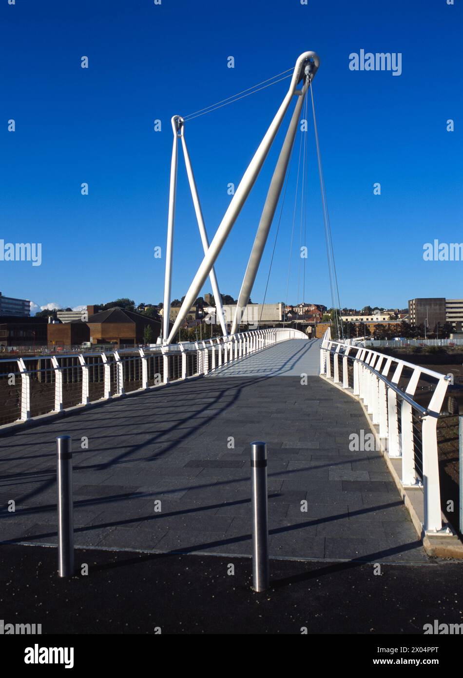 Iconic pedestrian cable stayed footbridge over the river Usk at Newport ...