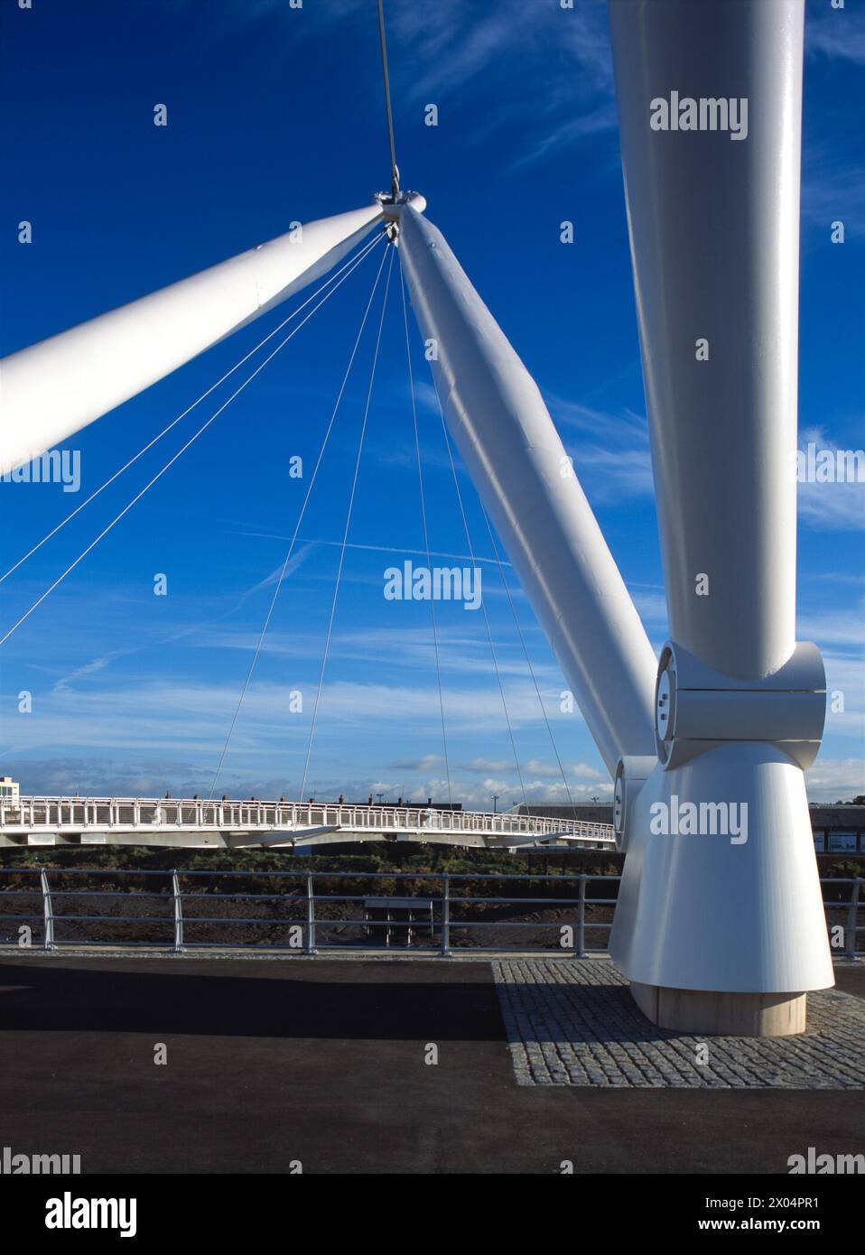 Iconic pedestrian cable stayed footbridge over the river Usk at Newport ...