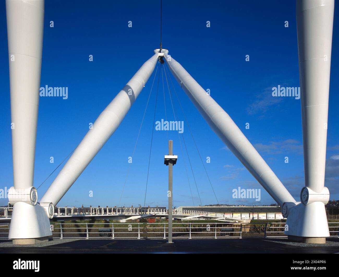 Iconic pedestrian cable stayed footbridge over the river Usk at Newport ...